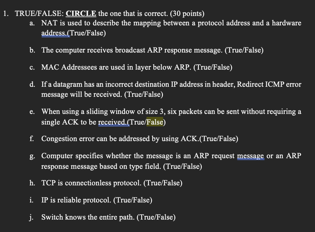 Solved TRUE/FALSE: CIRCLE the one that is correct. ( 30 | Chegg.com