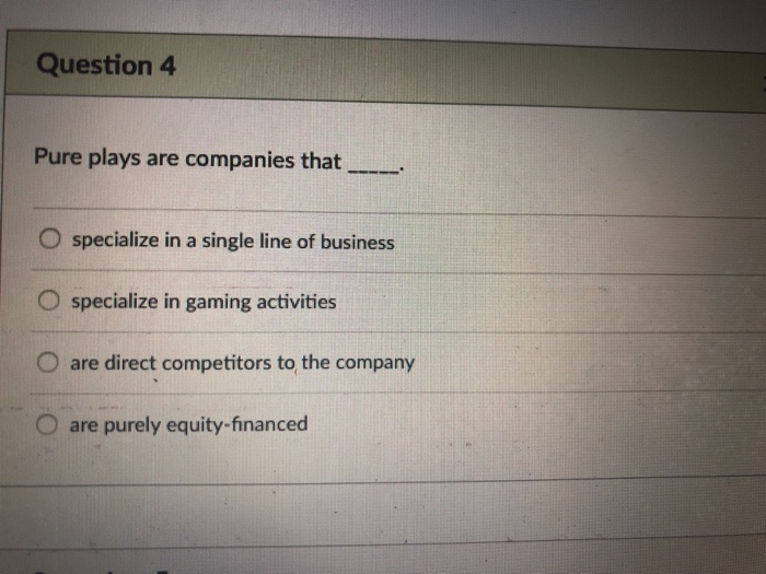 Solved Question4 Pure plays are companies that O specialize | Chegg.com