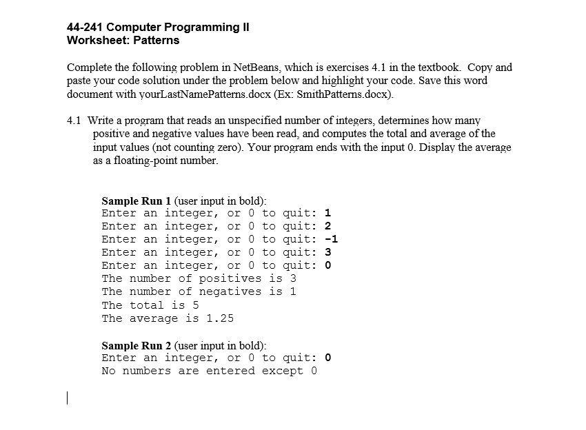 Solved 44-241 Computer Programming II Worksheet: Patterns | Chegg.com