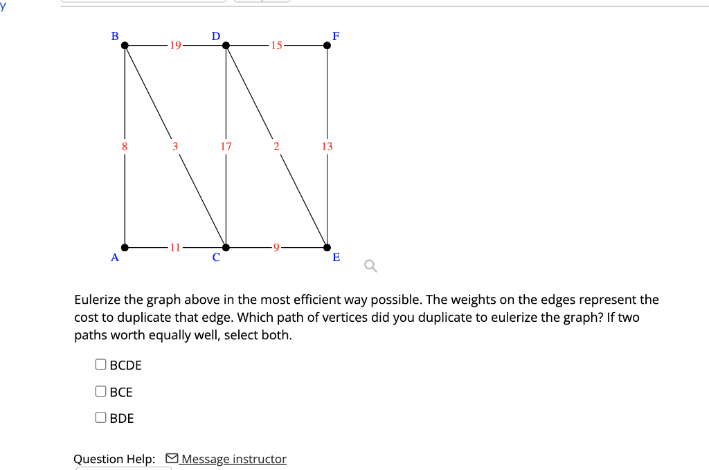 Solved Y B D F 19 8 3 17 2 13 A E Eulerize the graph above | Chegg.com