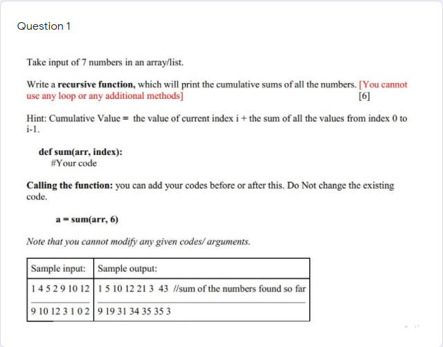 Solved Question 1 Take input of 7 numbers in an array/list. | Chegg.com