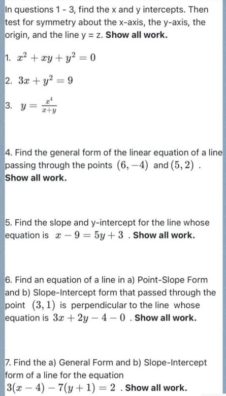 Solved In questions 1−3, find the x and y intercepts. Then | Chegg.com