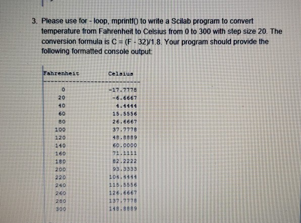 Solved 3. Please use for-loop, mprintO to write a Scilab | Chegg.com