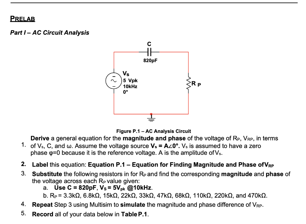 Solved PRELAB Part 1 - AC Circuit Analysis C HH 820pF Vs 5 | Chegg.com