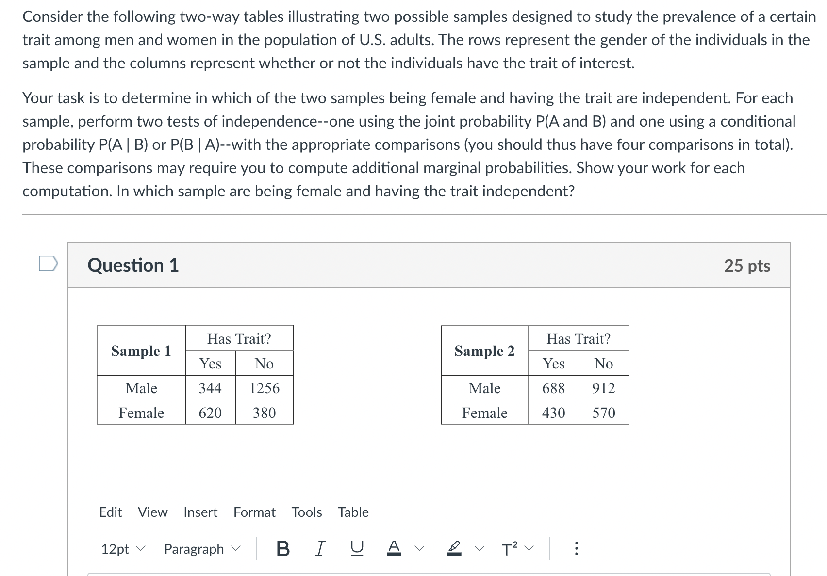 Solved Consider the following two-way tables illustrating | Chegg.com