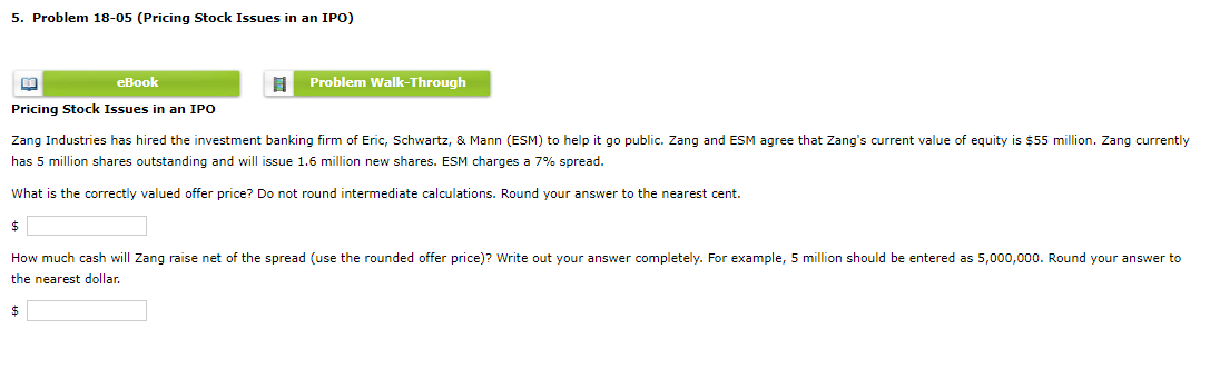 Solved 5. Problem 18-05 (Pricing Stock Issues in an IPO) | Chegg.com