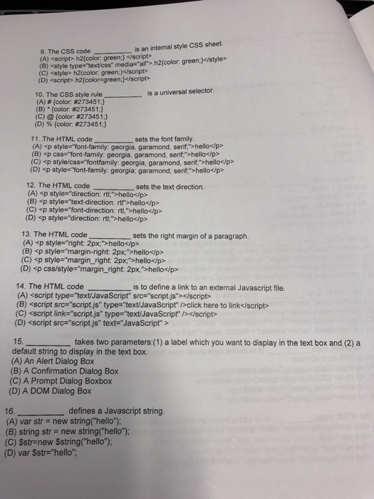 Solved an internal style CSS sheet 9. The CSS code h2(color | Chegg.com