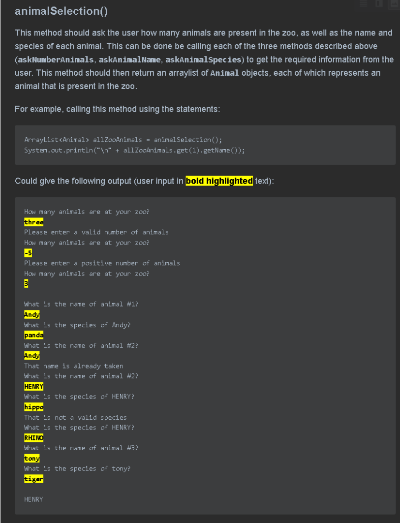 Solved Task 2-Animal Selection Your second task is to write | Chegg.com