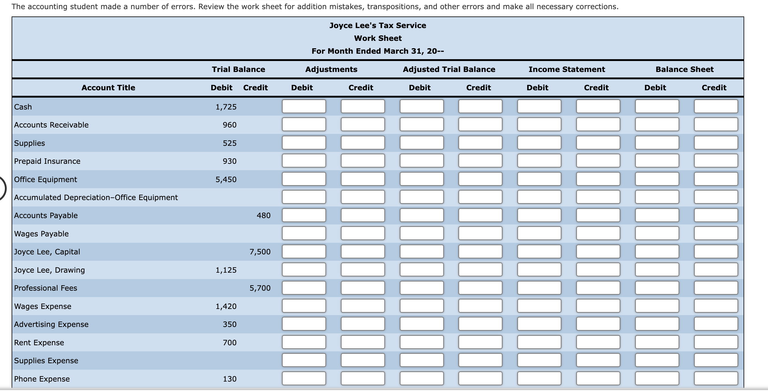 Solved Correcting Work Sheet with ErrorsThe following | Chegg.com