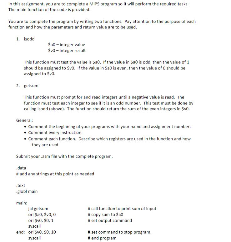 In this assignment, you are to complete a MIPS | Chegg.com
