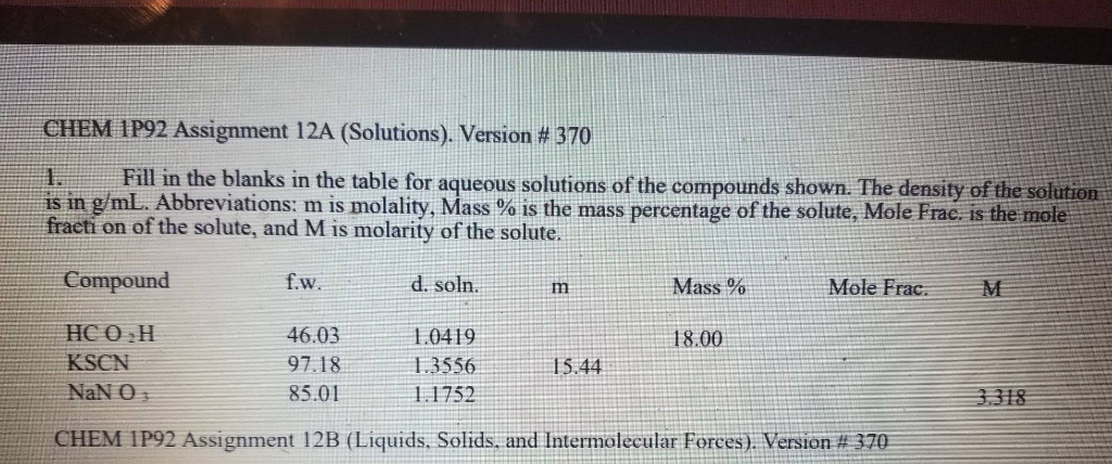 Solved CHEM 1P92 Assignment l 2A (Solutions). Version # 370 | Chegg.com