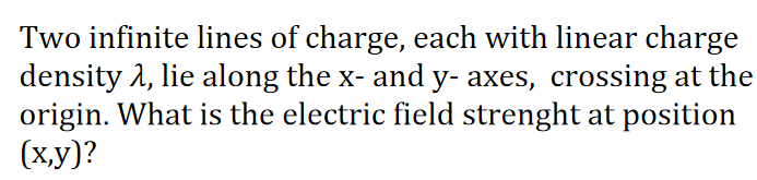 Solved Two infinite lines of charge, each with linear charge | Chegg.com