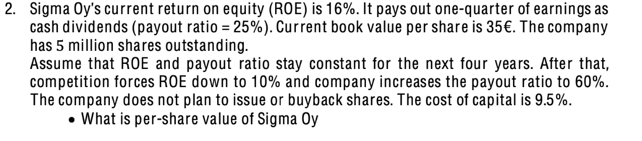 Solved 2. Sigma Oy's current return on equity (ROE) is 16%. | Chegg.com