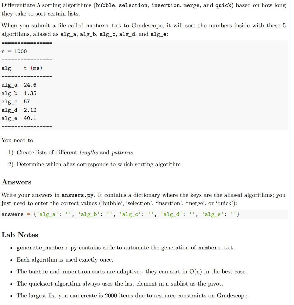 Solved Differentiate 5 sorting algorithms (bubble, | Chegg.com