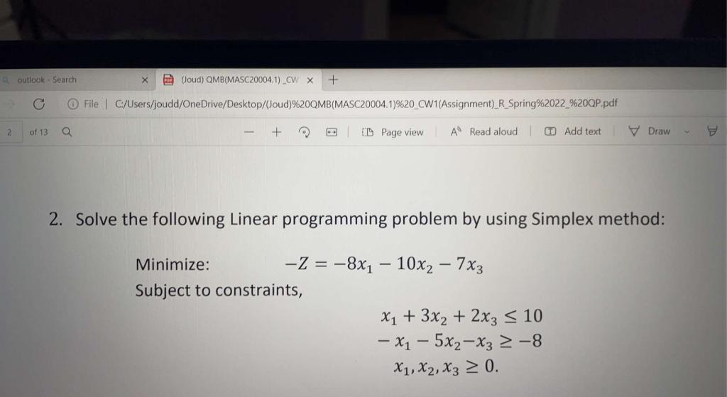 Solved outlook - Search D (oud) QMB(MASC20004.1) CW X O File | Chegg.com