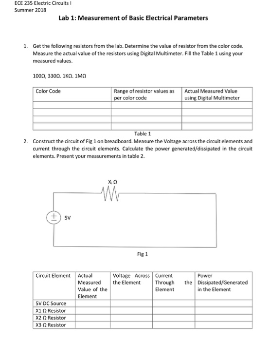 Solved ECE 235 Electric Circuits I Summer 2018 Lab 1: | Chegg.com