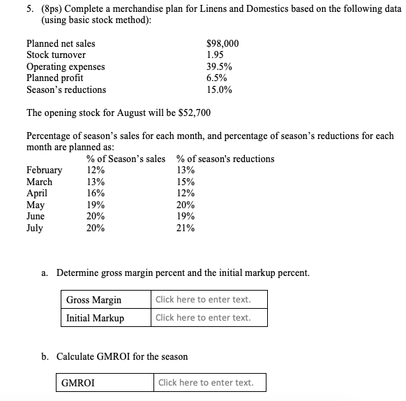 Solved 5. (8ps) Complete a merchandise plan for Linens and | Chegg.com