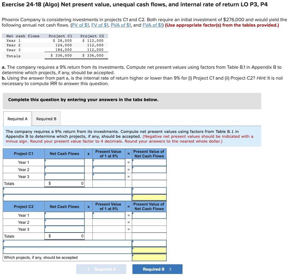 Solved Exercise 24-18 (Algo) Net present value, unequal cash | Chegg.com