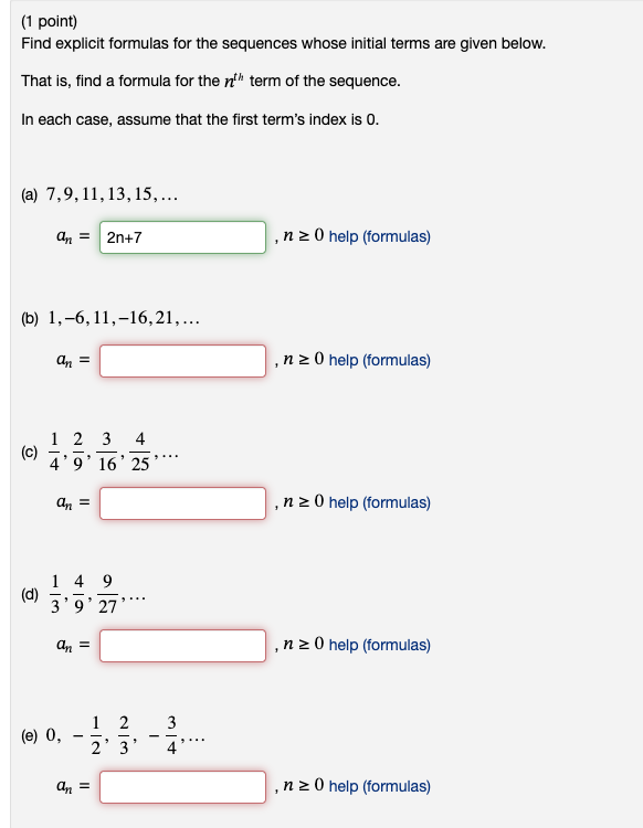 Solved (1 point) Find explicit formulas for the sequences | Chegg.com