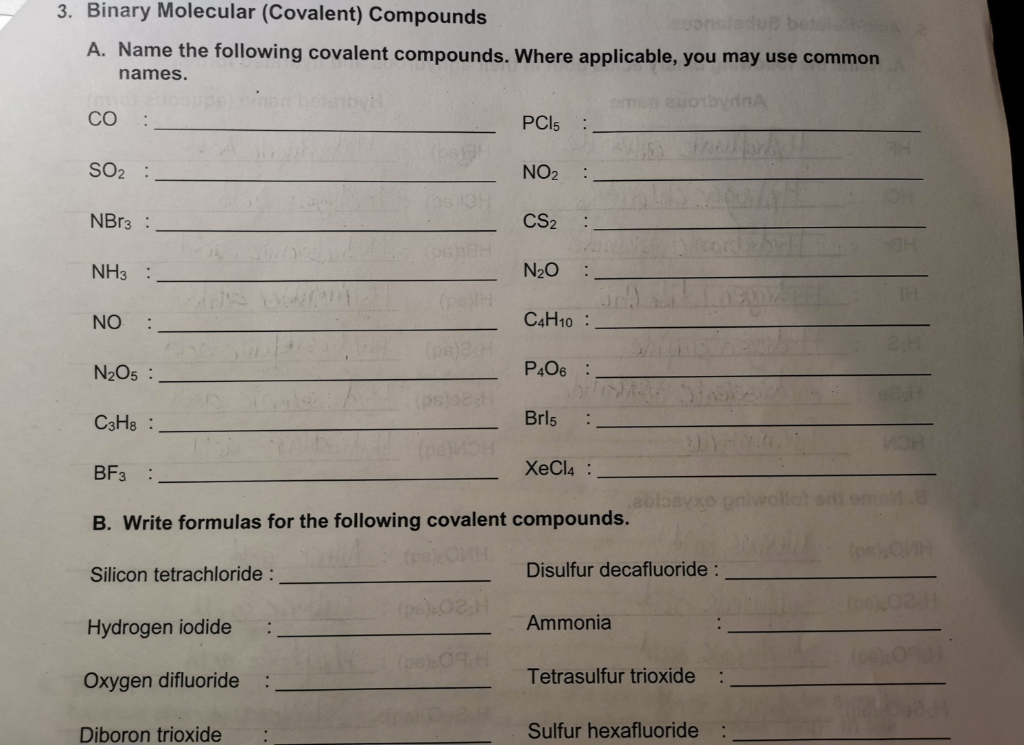 Solved 3. Binary Molecular (Covalent) Compounds A. Name the | Chegg.com