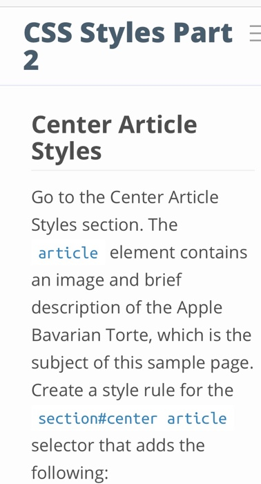 CSS Styles Part 2 Center Article Styles Go to the | Chegg.com