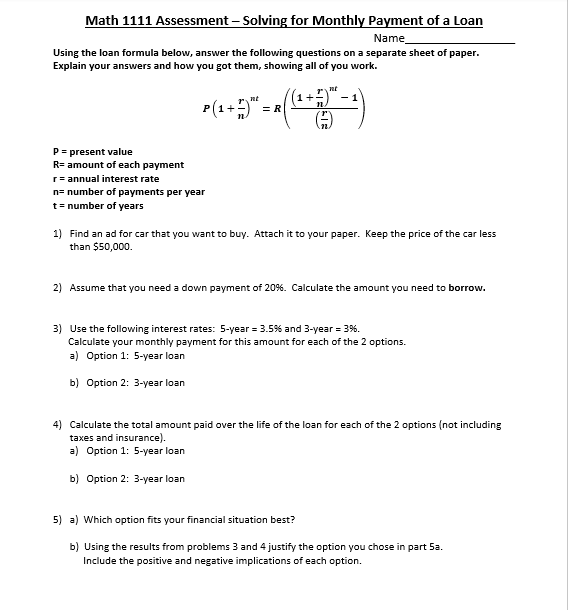 Solved Math 1111 Assessment - Solving for Monthly Payment of | Chegg.com