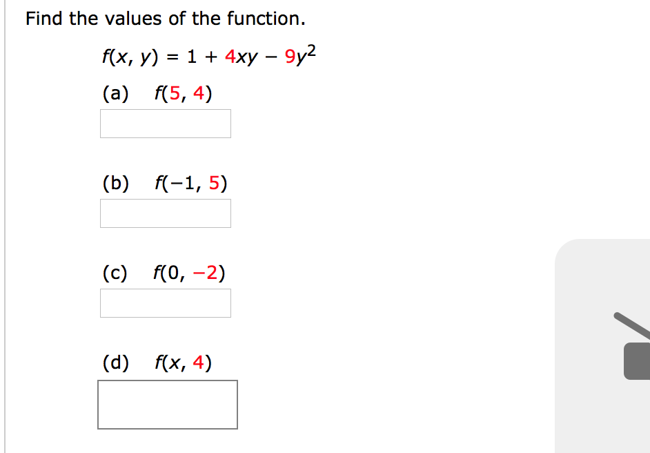 Solved Find the values of the function. f(x, y) = 1 + 4xy – | Chegg.com