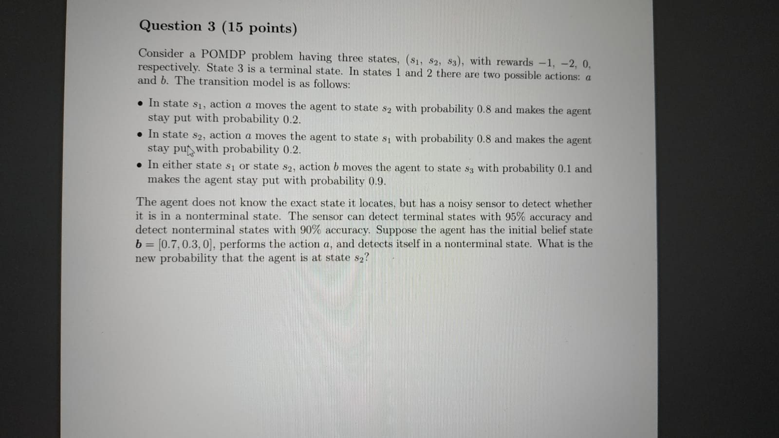 Question 3 (15 points) Consider a POMDP problem | Chegg.com