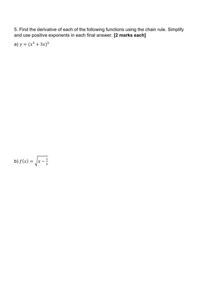 Solved 5. Find the derivative of each of the following | Chegg.com