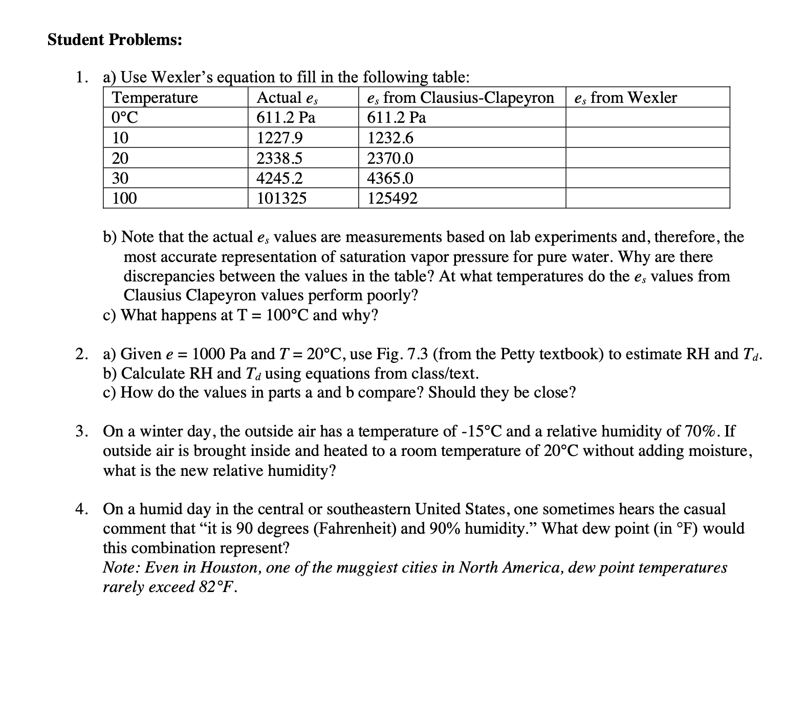 Solved 1. a) Use Wexler's equation to fill in the following | Chegg.com