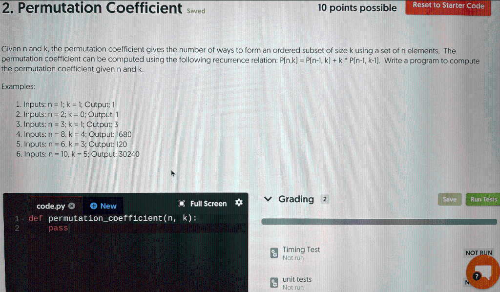 Solved 2. Permutation Coefficient saved 10 points possible | Chegg.com