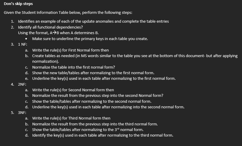 Solved Don's skip steps Given the Student Information Table | Chegg.com