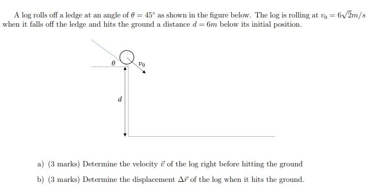 Solved A log rolls off a ledge at an angle of θ=45∘ as shown | Chegg.com