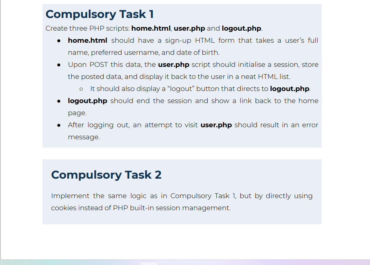 Solved . Compulsory Task 1 Create three PHP scripts: | Chegg.com