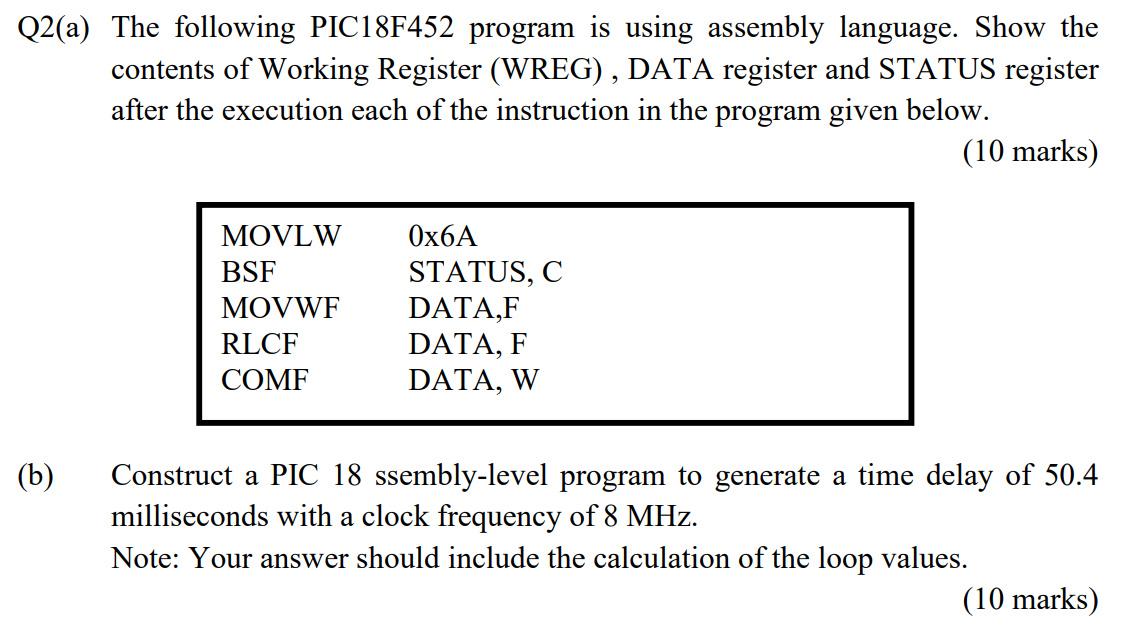 Solved Q2(a) The following PIC18F452 program is using | Chegg.com