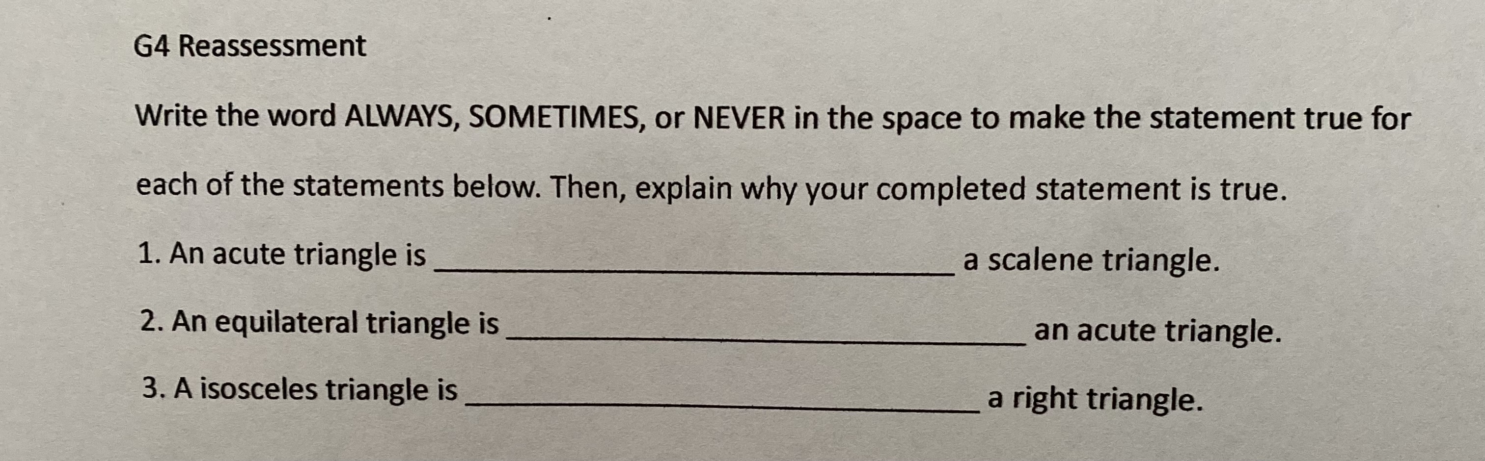 Solved G4 Reassessment Write the word ALWAYS, SOMETIMES, or | Chegg.com