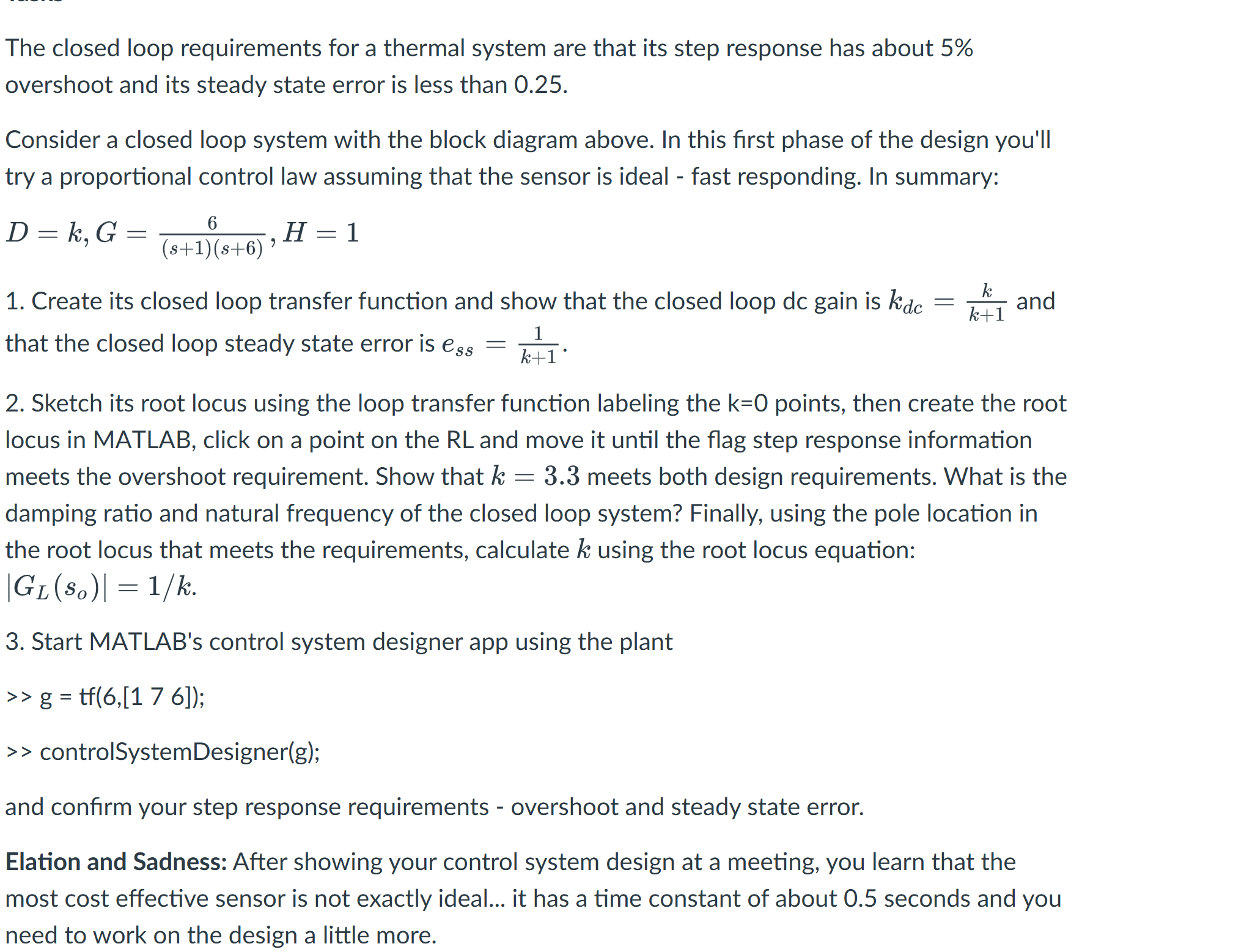 The closed loop requirements for a thermal system are | Chegg.com