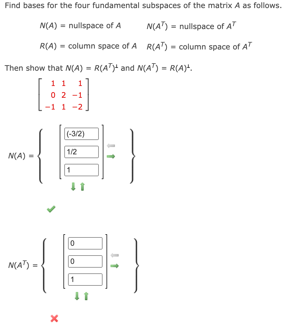 Solved N(A)= nullspace of AR(A)= column space of AN(AT)= | Chegg.com