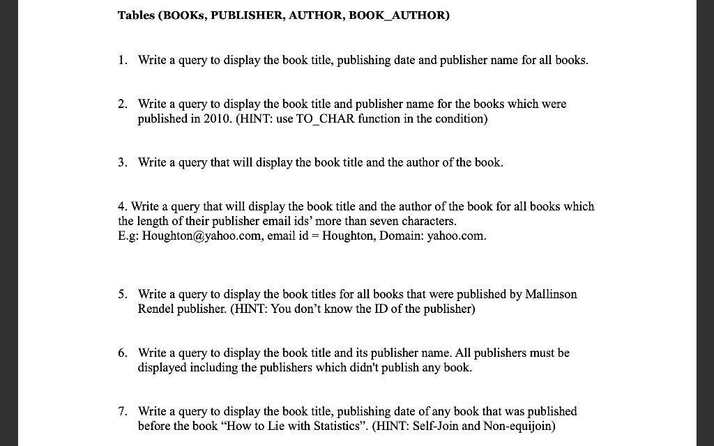 Solved DATABASE SQLPLUS PLEASE DO NOT COPY AND PASTE FROM | Chegg.com