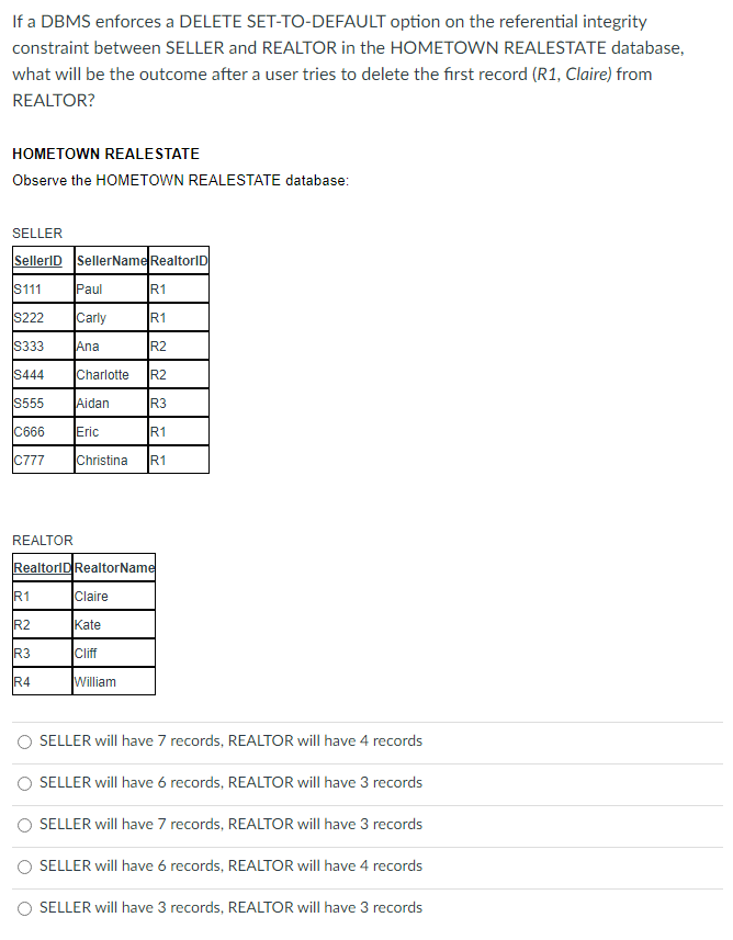 Solved If a DBMS enforces a DELETE SET-TO-DEFAULT option on | Chegg.com