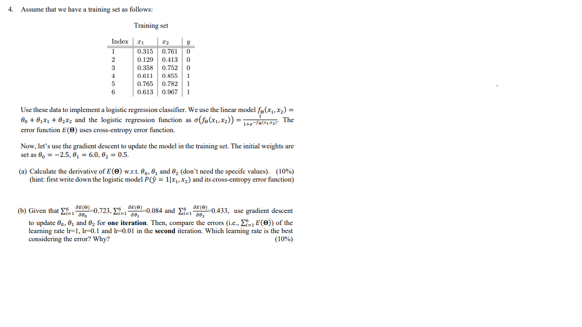 4. Assume that we have a training set as follows: | Chegg.com