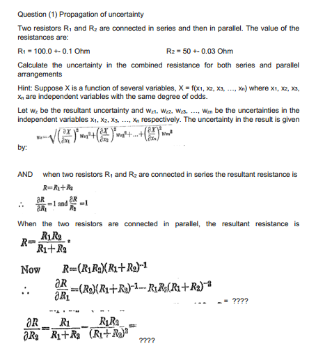 Solved Question (1) Propagation of uncertainty Two resistors | Chegg.com