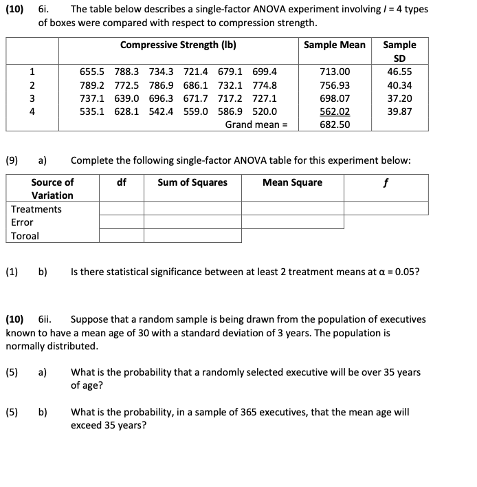 Solved (10) 6i. ﻿The table below describes a single-factor | Chegg.com