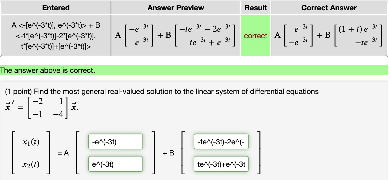 Solved Entered Answer Preview Result Correct Answer -e-3 -3t | Chegg.com
