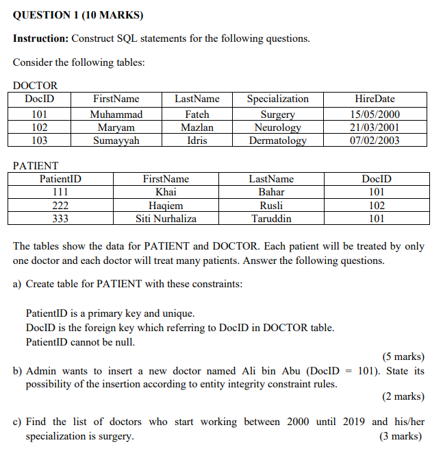 Solved QUESTION 1 (10 MARKS) Instruction: Construct SQL | Chegg.com