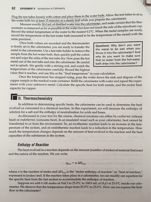 EXPERIMENT 6 INTRODUCTION TO CALORIMETRY To | Chegg.com