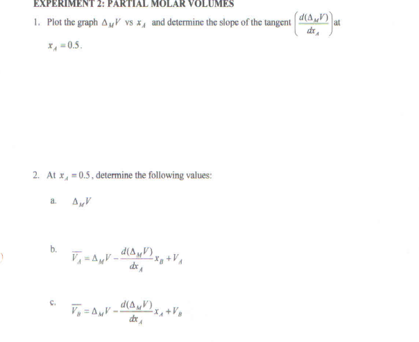 Solved EXPERIMENT 2: PARTIAL MOLAR VOLUMES dan 1. Plot the | Chegg.com