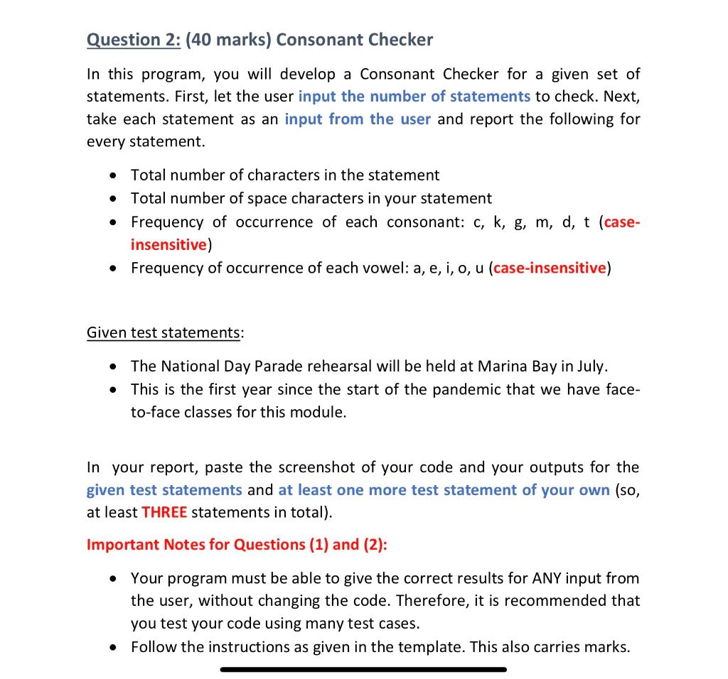 Solved Question 2: (40 marks) Consonant Checker In this | Chegg.com