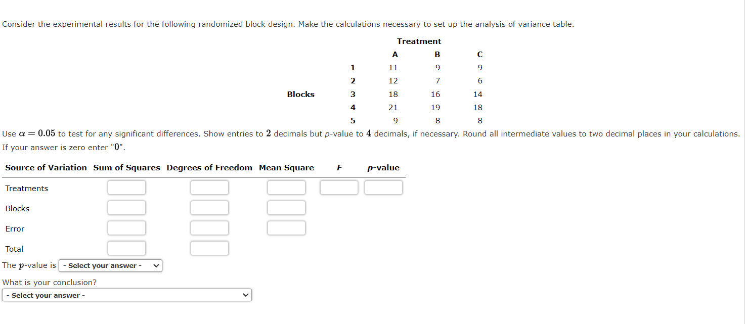 Solved se α=0.05 to test for any significant differences. | Chegg.com