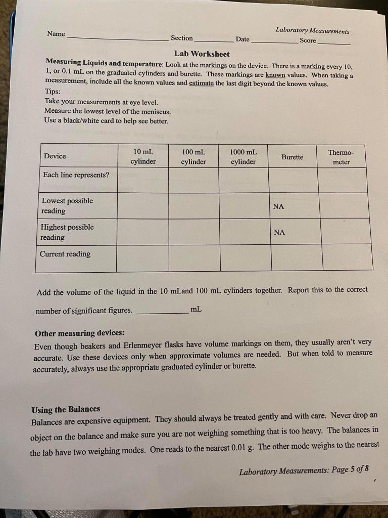 Solved Name Laboratory Measurements Score Section Date Lab | Chegg.com